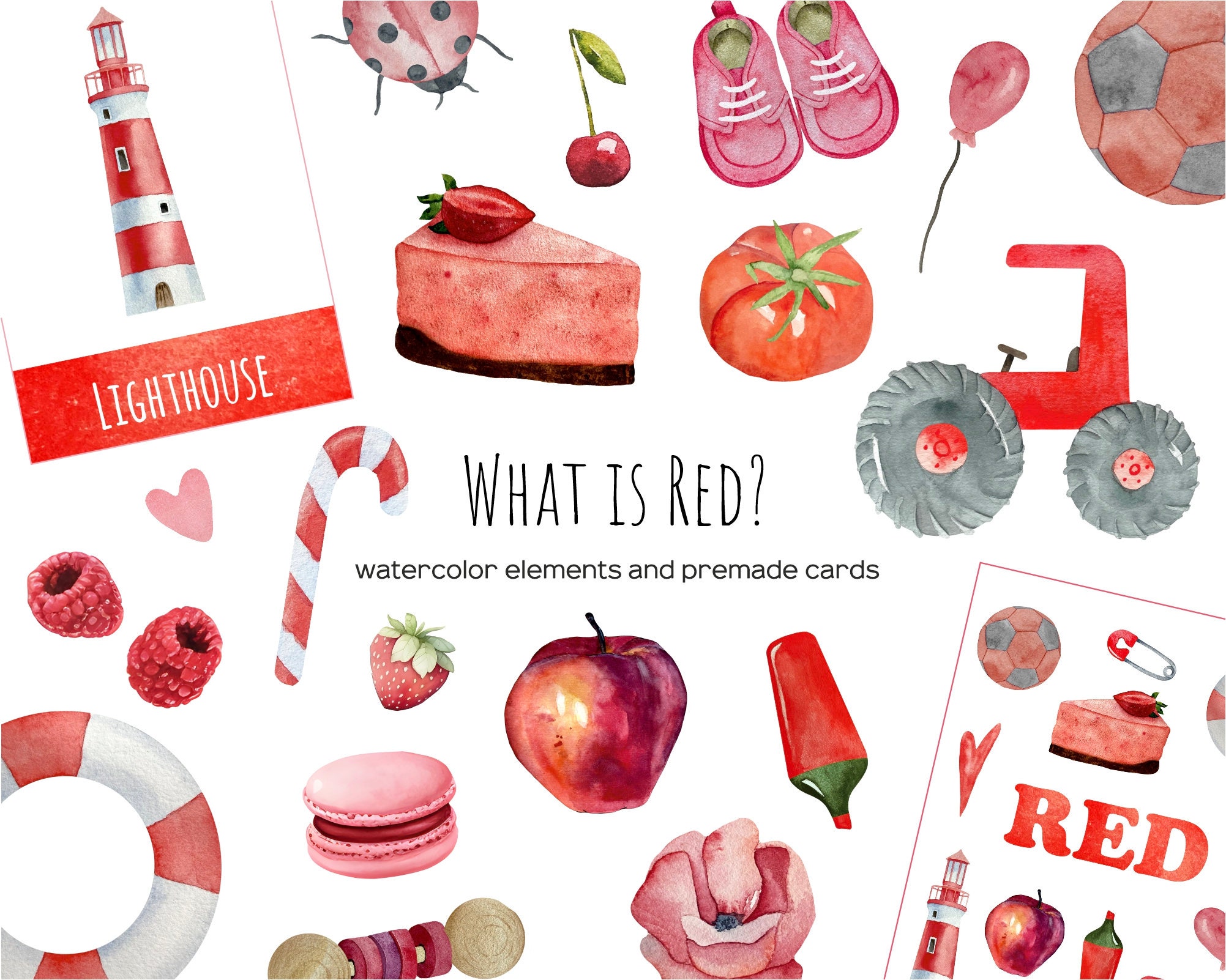 Watercolor Red Things Clipart. Learning Red Color Clipart. Educational ...