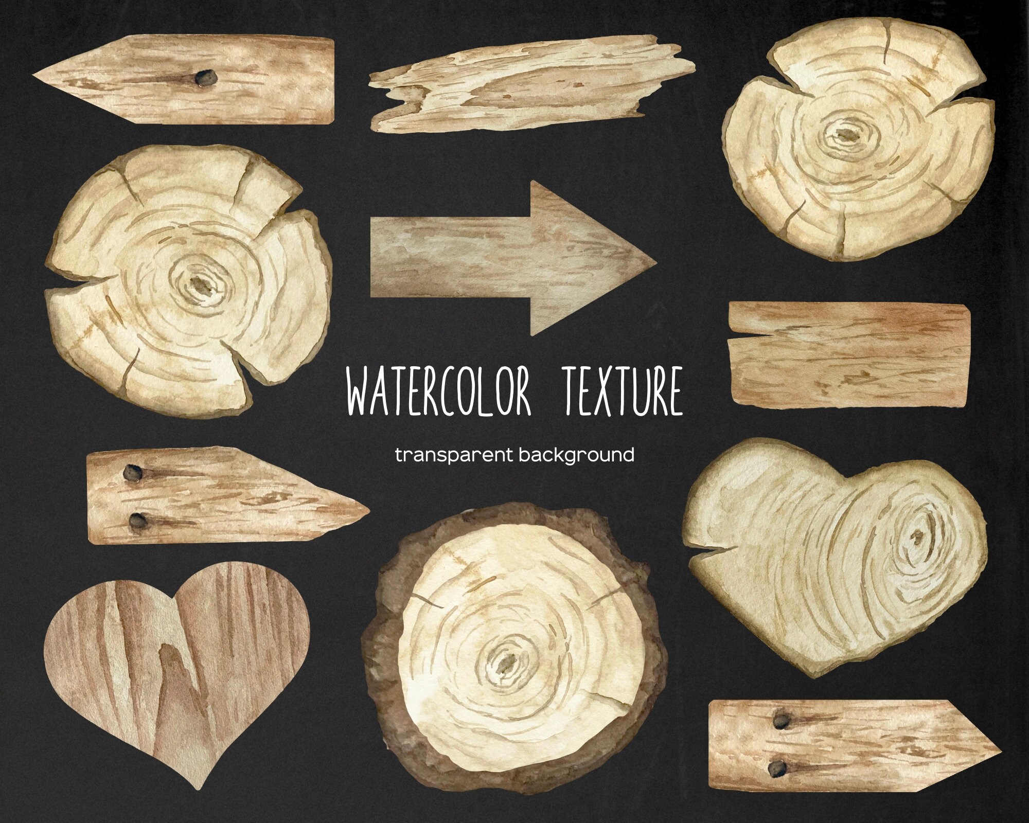 Watercolor Wood Slices Clipart. Watercolor Wood Hearts. Wood Sign 11 ...