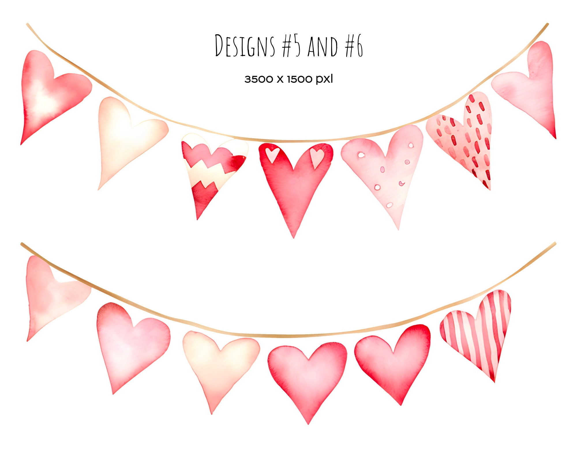 Watercolor Valentine Bunting Clipart. Valentine Red Pink Heart Bunting ...