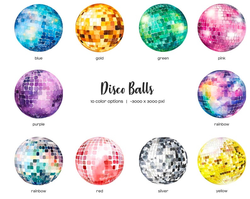 Watercolor Disco Ball Clipart: Rainbow Party PNG (10 Files) - Etsy