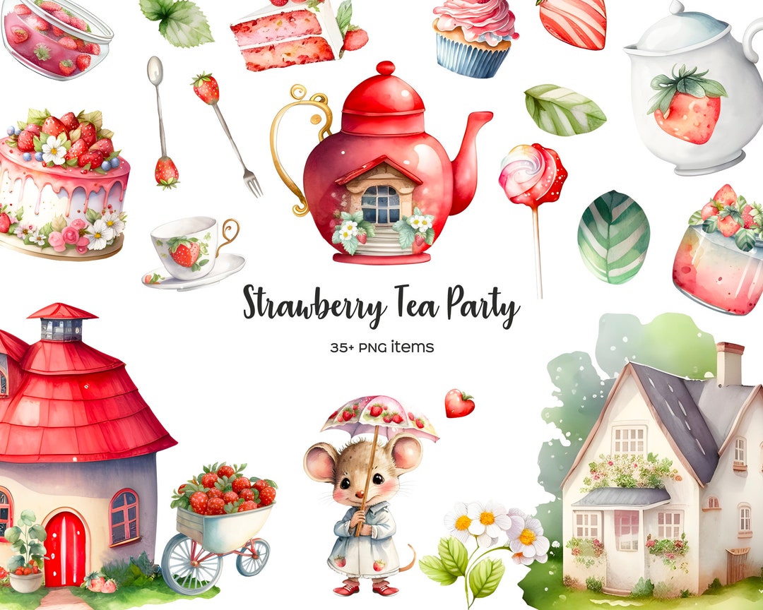 Watercolor Strawberry Tea Party Clipart: Nursery Teapot Set (PNG) - Etsy