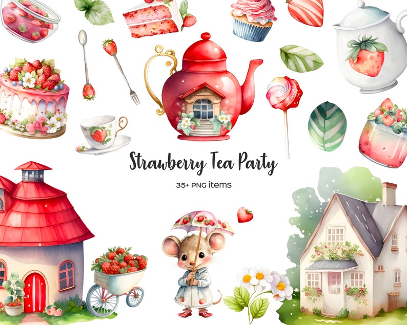 Watercolor Strawberry Tea Party Clipart: Nursery Teapot Set (PNG) - Etsy
