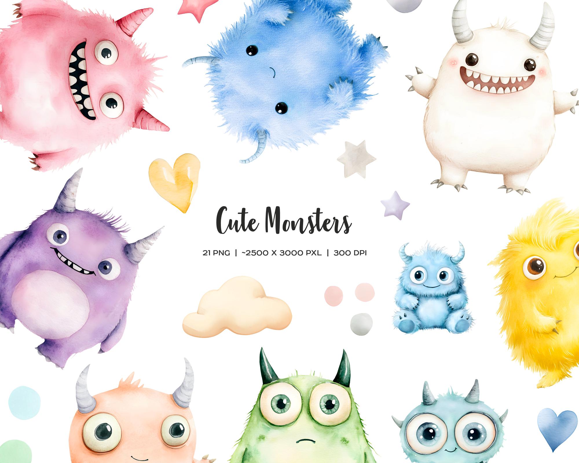 Watercolor Cute Monsters Clipart. Monster Birthday Set. Fantasy Clipart ...