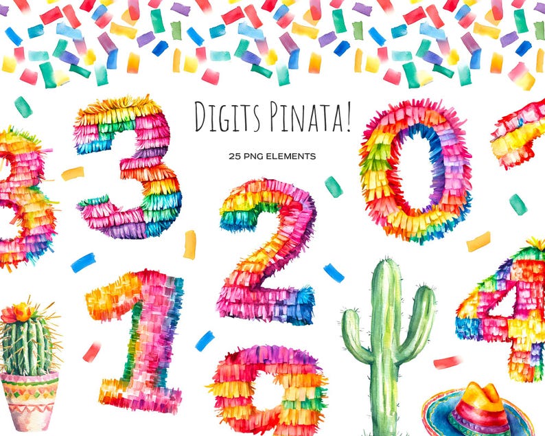 Watercolor Pinata Digits Clipart: Mexican Numbers 0-9 (PNG) - Etsy