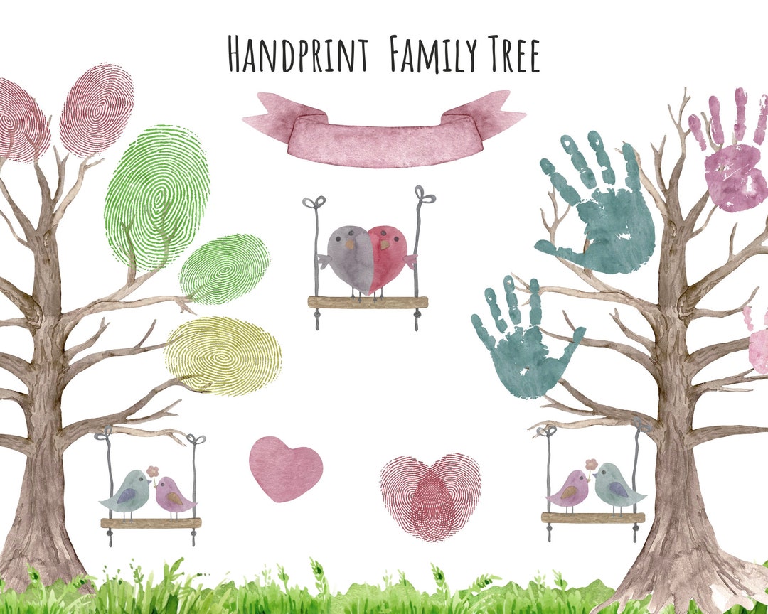 Watercolor Family Tree Clipart: Handprint & Fingerprint DIY (PNG, JPG ...