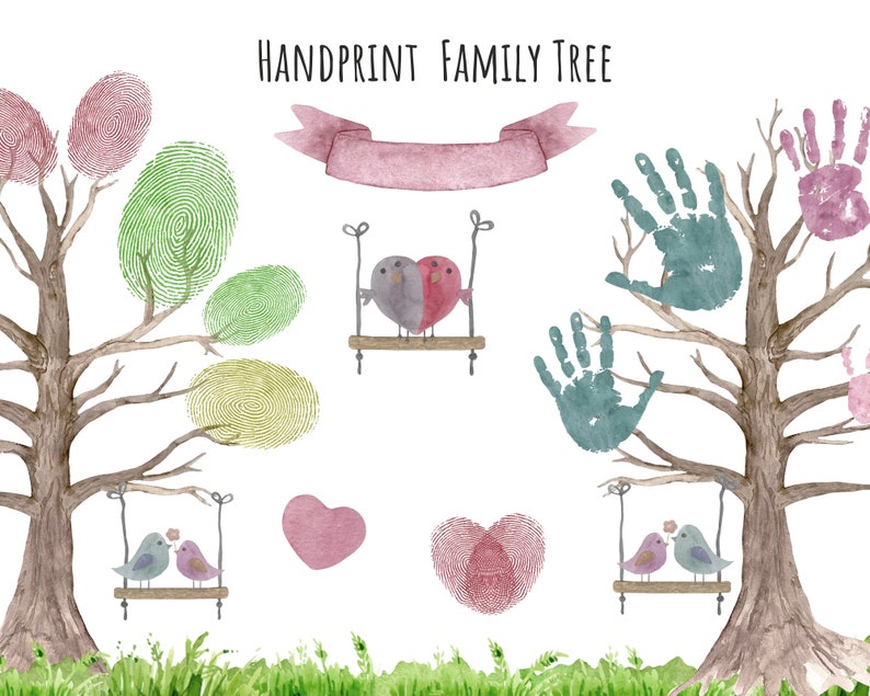 Watercolor Family Tree Clipart: Handprint & Fingerprint DIY (PNG, JPG ...