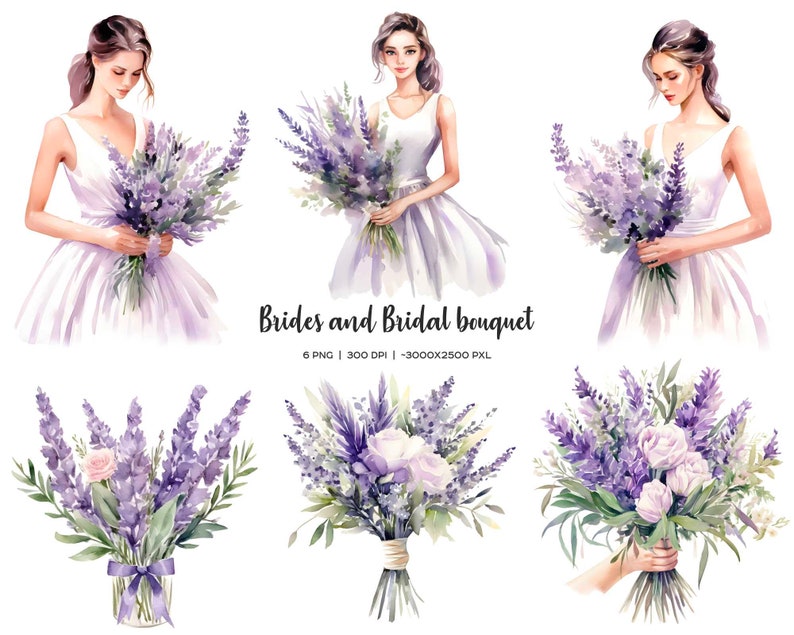 Watercolor Lavender Wedding Clipart: Bride, Groom, Decor (PNG) (digital ...