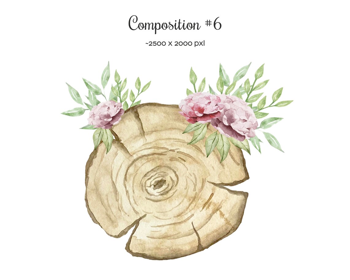 Watercolor Floral Wood Slices Clipart. Wooden Signboards With Flowers ...