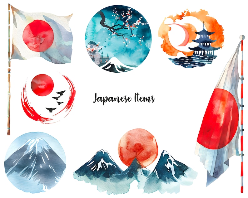 Watercolor Japan Clipart: Japanese Elements & Symbols (PNG, Digital ...