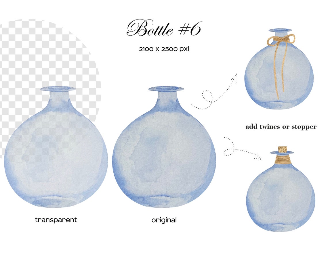 Watercolor Bottle Clipart. Blue Glass Bottles Clip Art. Empty Bottle ...