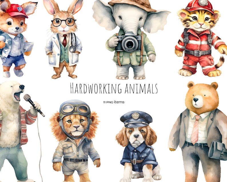 Watercolor Animal Professions Clipart: 11 PNG Nursery Art (digital ...