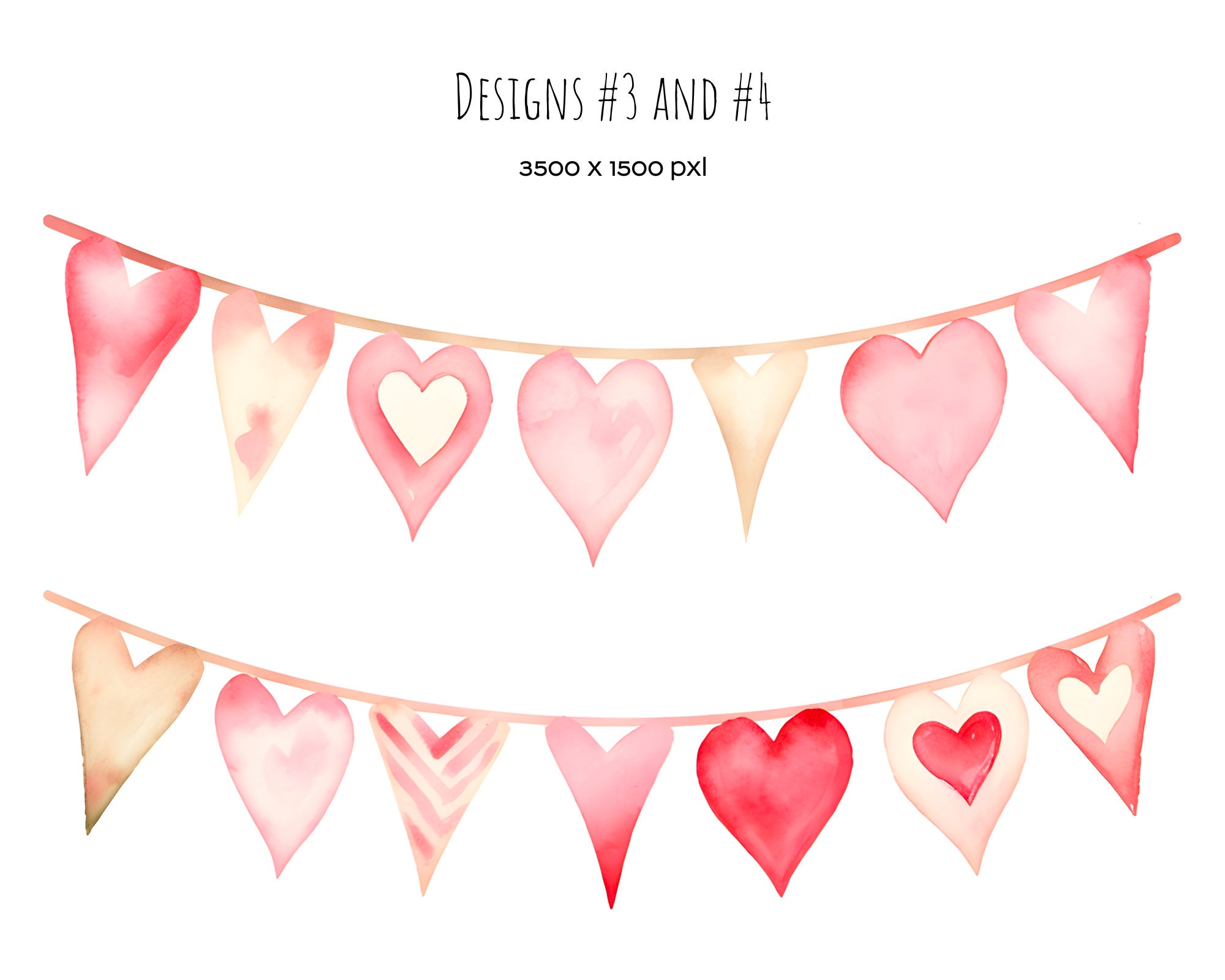Watercolor Valentine Bunting Clipart. Valentine Red Pink Heart Bunting ...