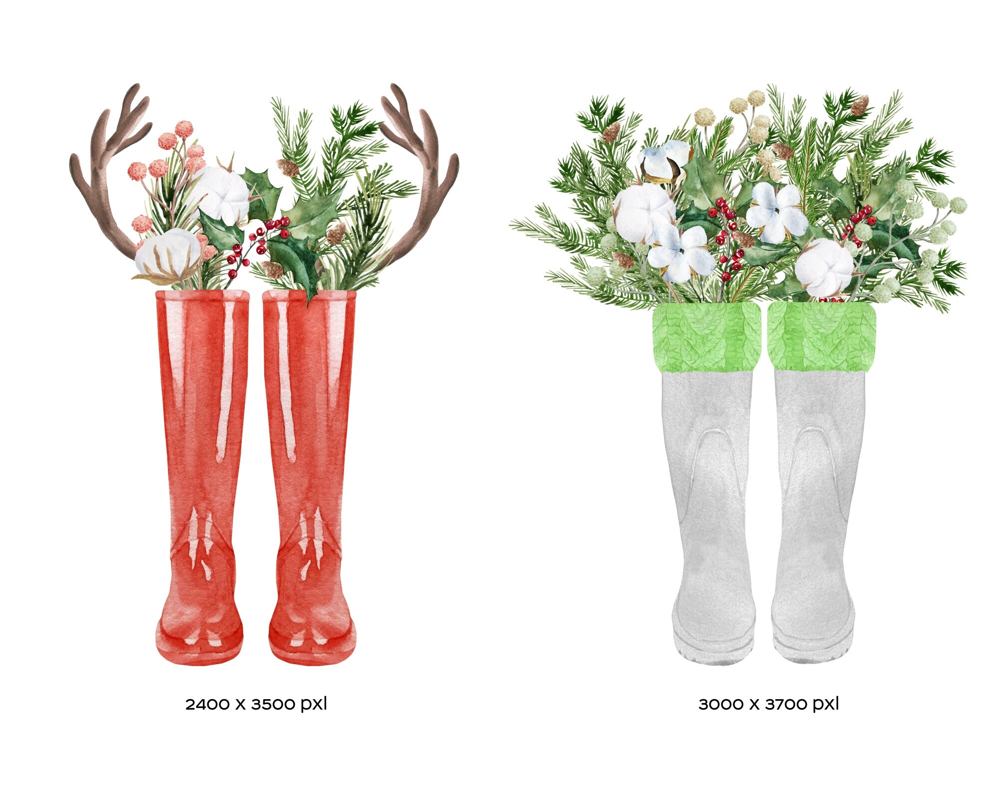 Christmas Watercolor Wellies Clipart. Xmas Rain Boots With Flowers ...