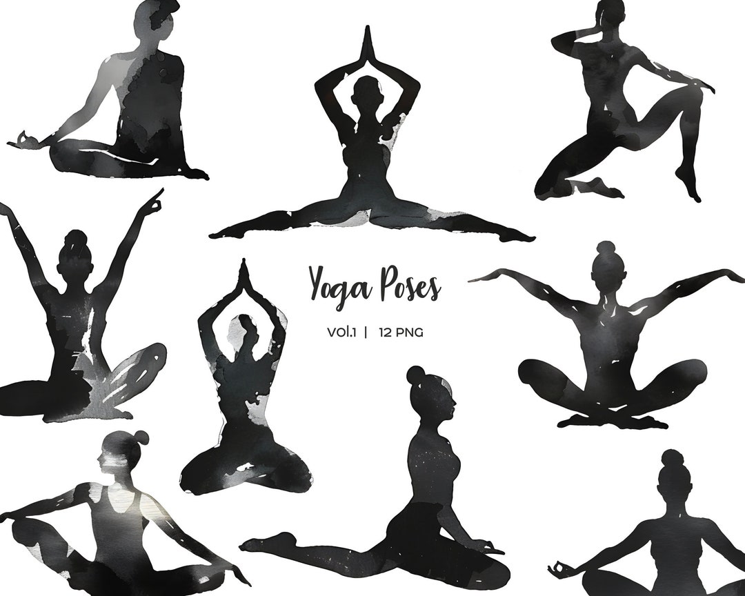 Watercolor Yoga Poses Clipart. Black Female Yoga Silhouette 12 PNG ...