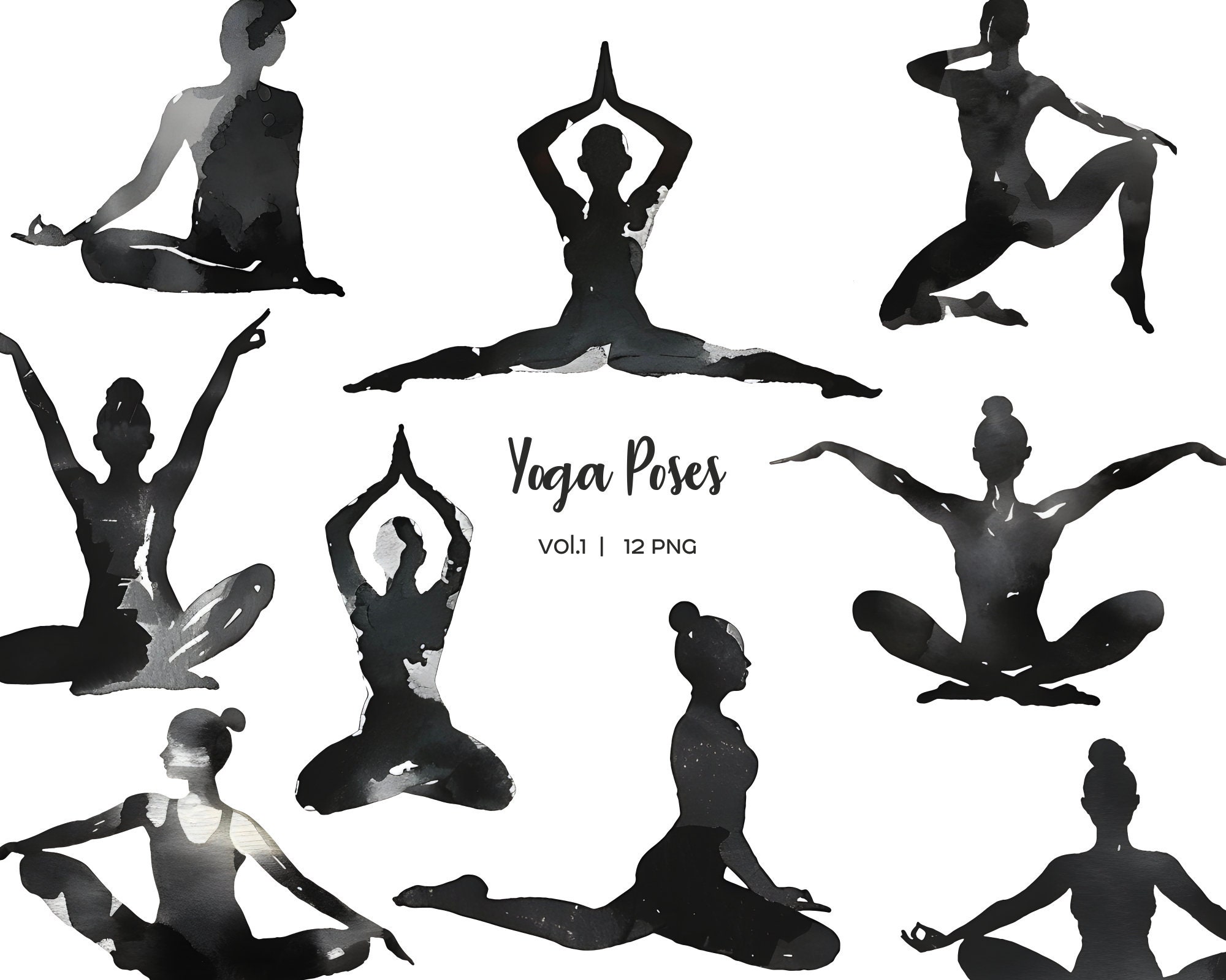 Watercolor Yoga Poses Clipart. Black Female Yoga Silhouette 12 PNG ...