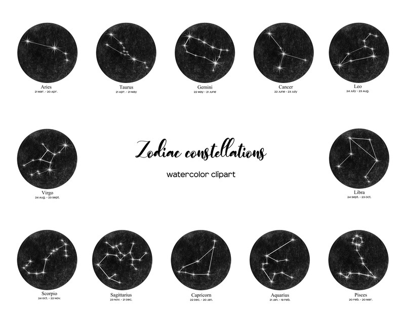 Watercolor Zodiac Constellation Clipart. Horoscope 12 Signs ...