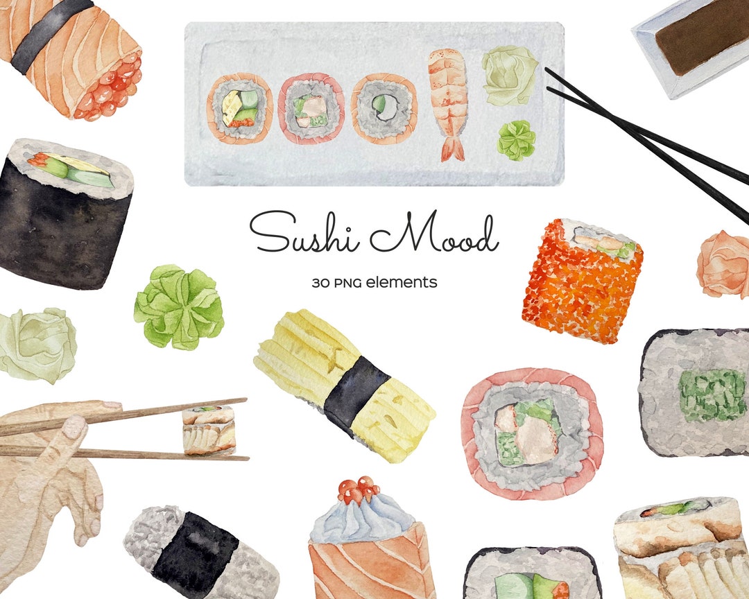 Watercolor Sushi Clipart: Japanese Food Illustrations (30 PNG) - Etsy