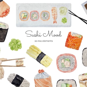 Watercolor Sushi Clipart: Japanese Food Illustrations (30 PNG) - Etsy