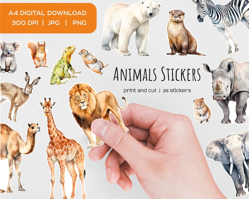 Watercolor Safari Animal Stickers: ABC Alphabet, Print & Cut (PNG, JPG ...