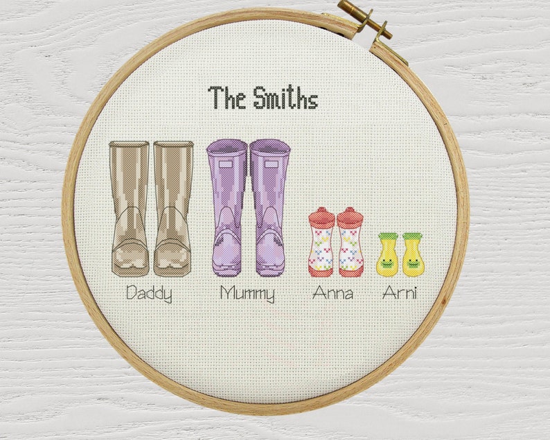 Family Welly Boots Cross Stitch Pattern: Personalized Embroidery (PDF ...
