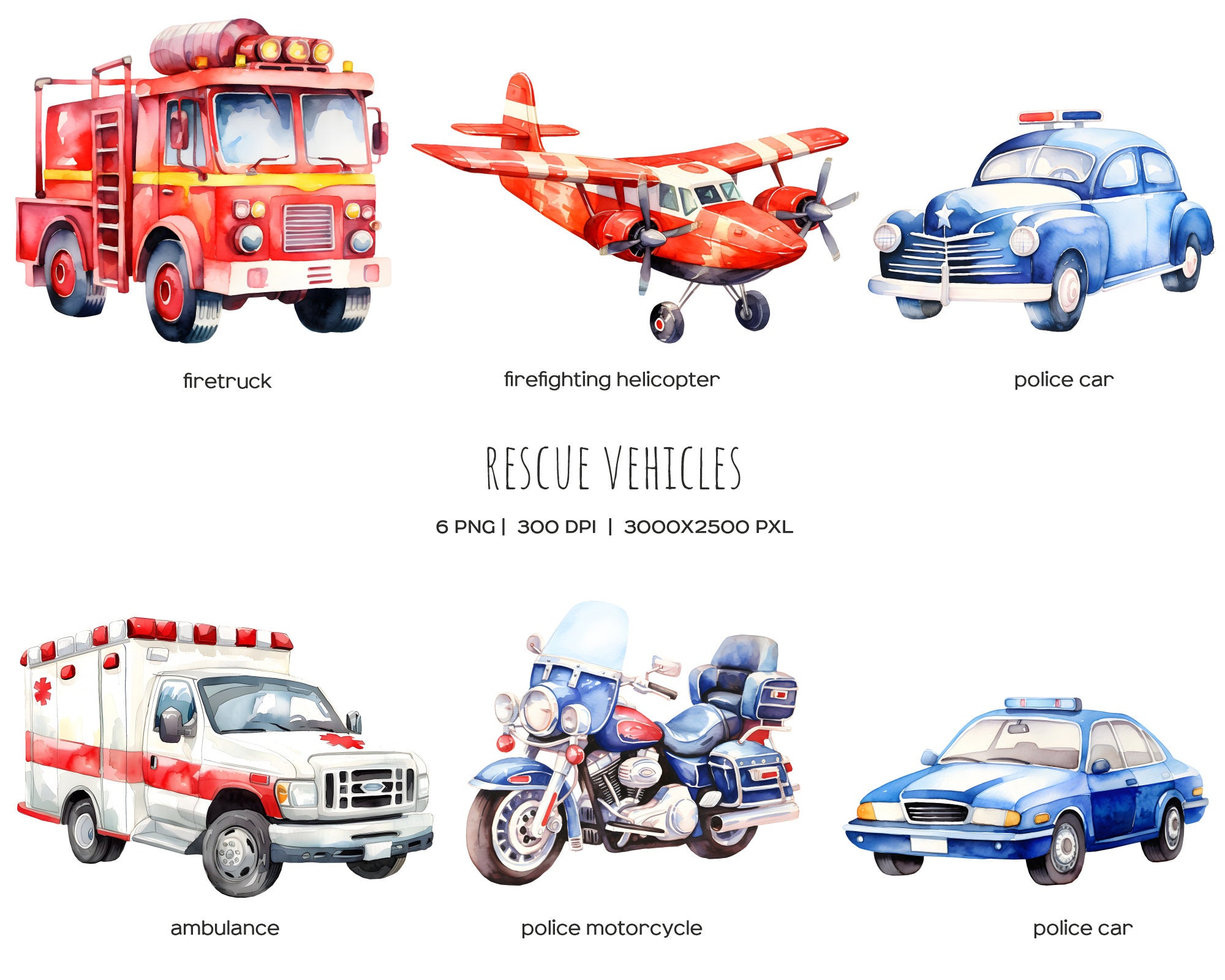 Watercolor Rescue Vehicles Clipart: Firetruck, Ambulance, Police (PNG ...