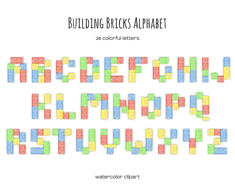 Watercolor Building Bricks Alphabet Clipart: Toy Letters A-Z (PNG) - Etsy