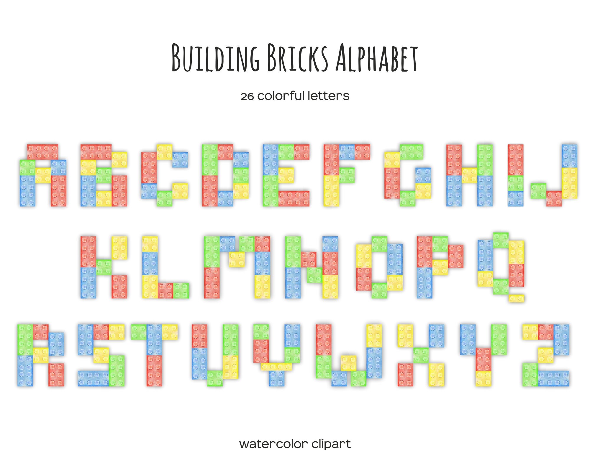 Watercolor Building Bricks Alphabet Clipart. Toy Letters A-Z. Plastic ...
