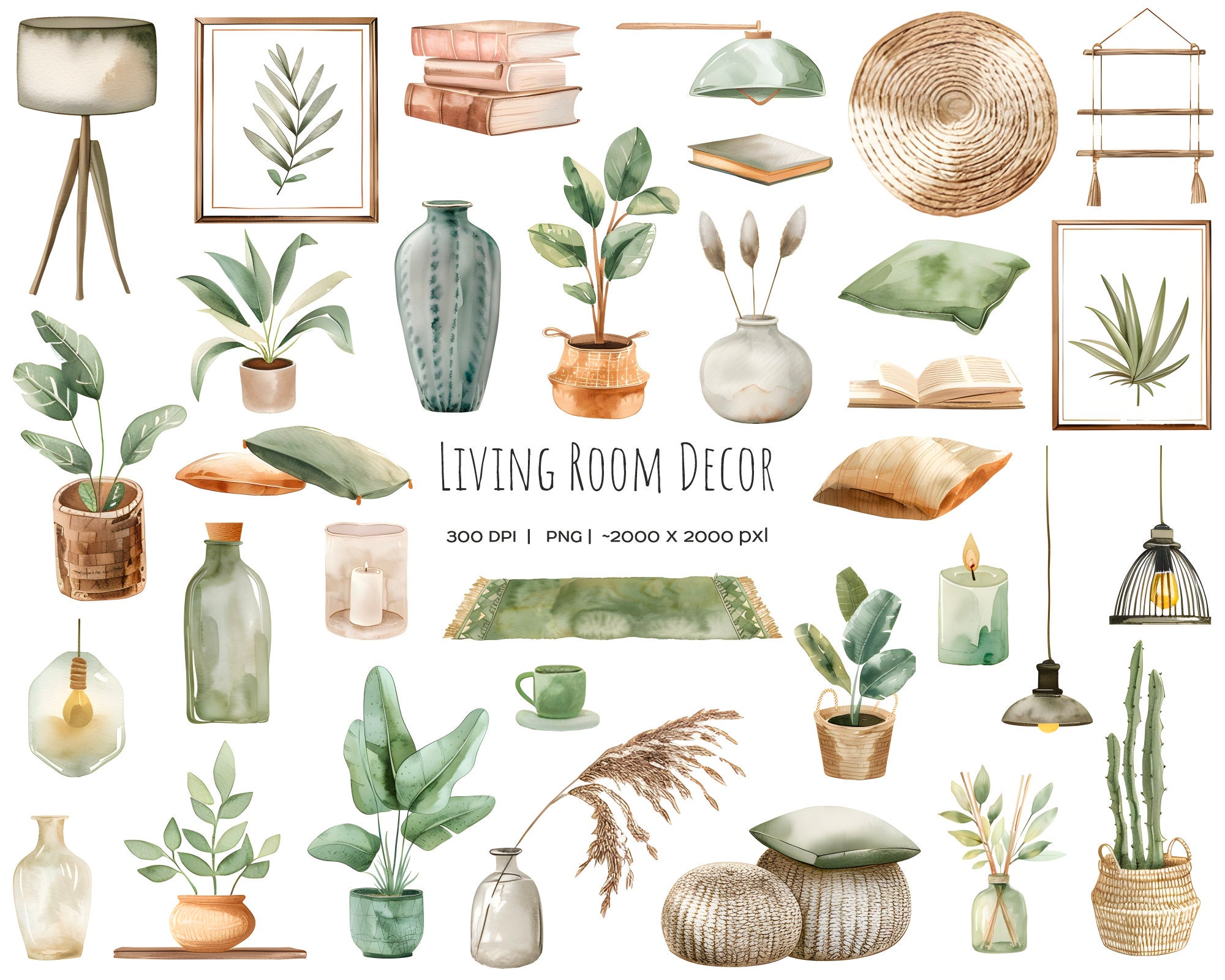 Watercolor Living Room Clipart: Cozy Home Decor (47 PNG) - Etsy