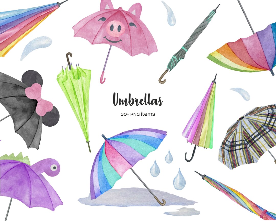 Watercolor Umbrella Clipart: Colorful Kids PNG Set (37 Elements ...
