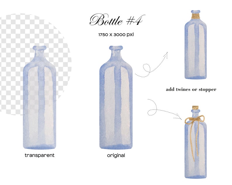 Watercolor Bottle Clipart. Blue Glass Bottles Clip Art. Empty Bottle ...