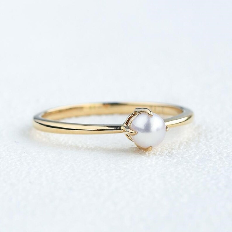 14k Solid Gold Pearl Engagement Ring, White Pearl Solitaire Ring, Dainty Pearl Stacking Gold ...