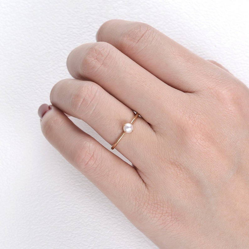 14k Solid Gold Pearl Engagement Ring, White Pearl Solitaire Ring, Dainty Pearl Stacking Gold ...