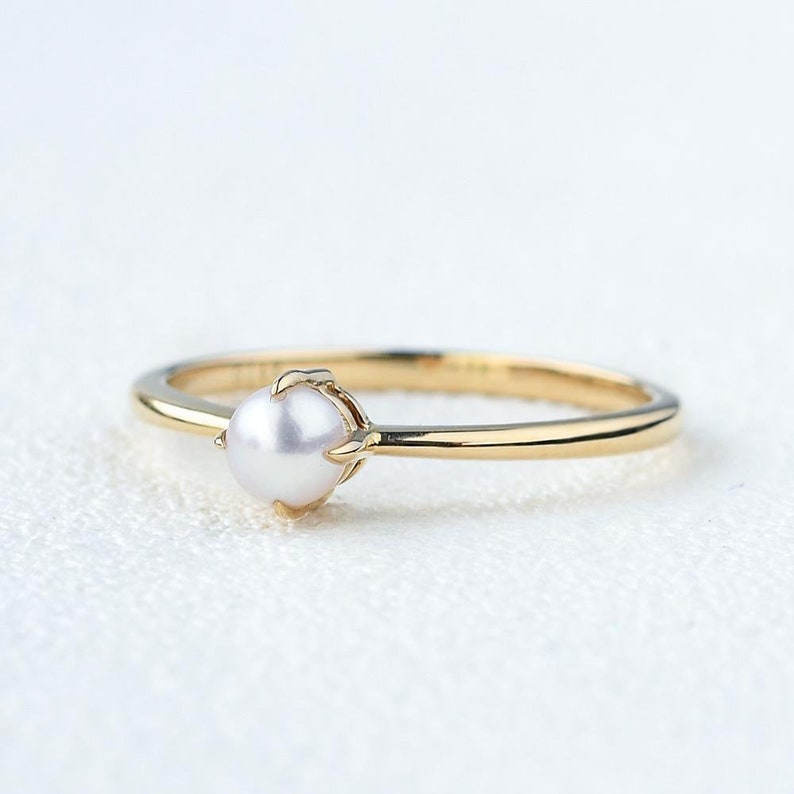 14k Solid Gold Pearl Engagement Ring, White Pearl Solitaire Ring, Dainty Pearl Stacking Gold ...