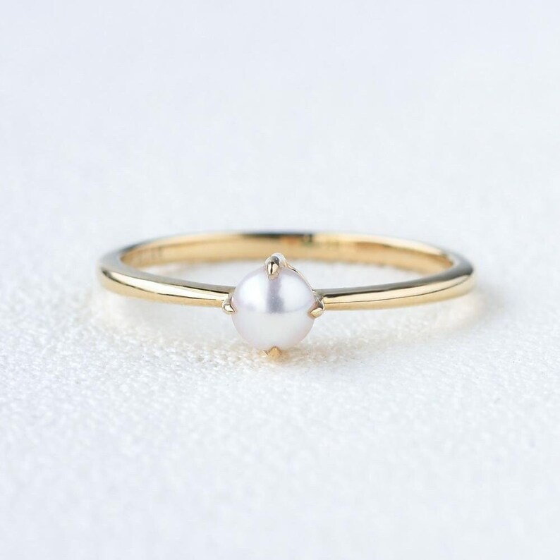 14k Solid Gold Pearl Engagement Ring, White Pearl Solitaire Ring, Dainty Pearl Stacking Gold ...