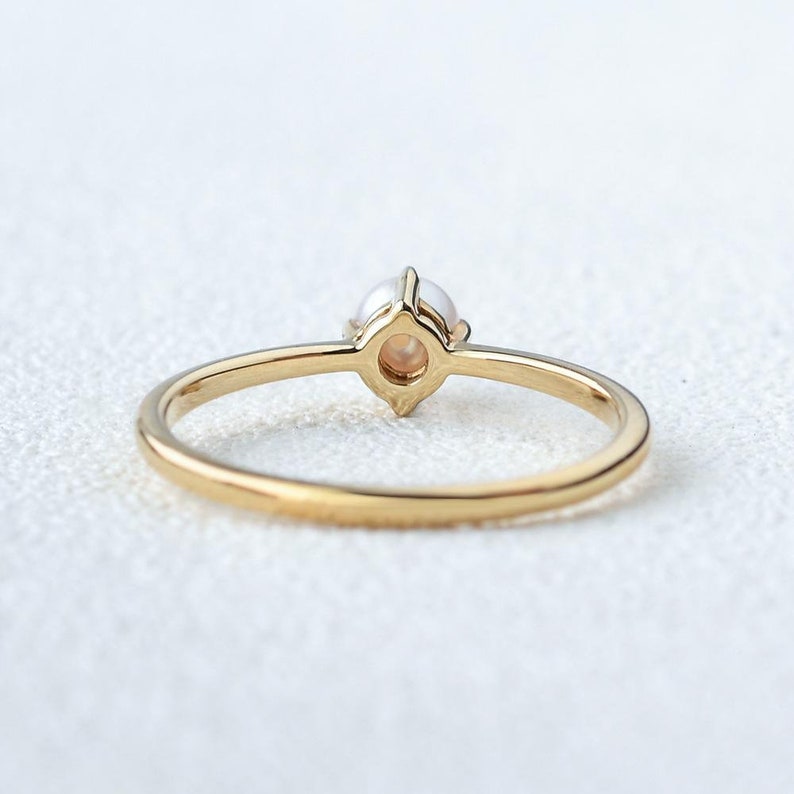 14k Solid Gold Pearl Engagement Ring, White Pearl Solitaire Ring, Dainty Pearl Stacking Gold ...