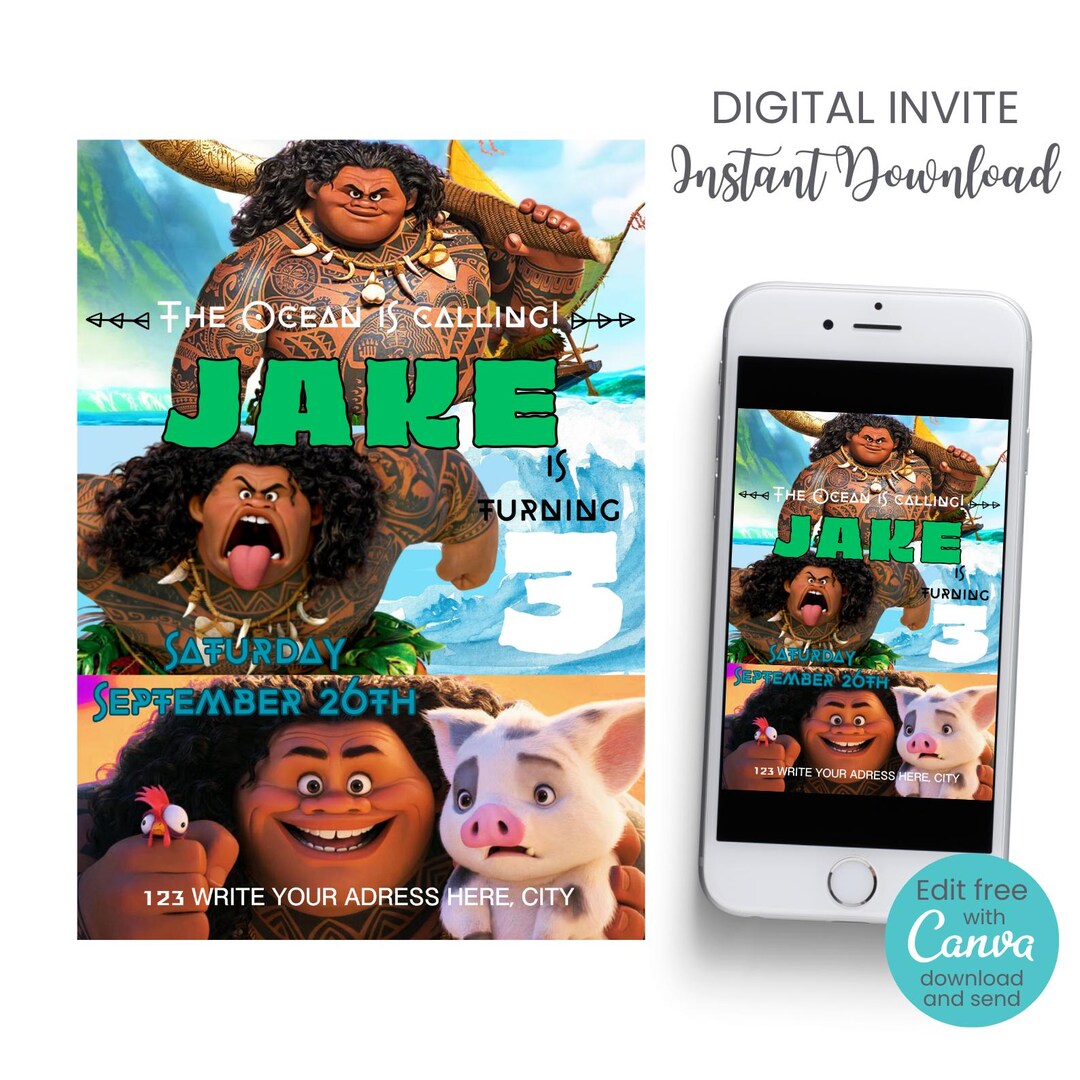 Editable Moana Maui Birthday Invitation Viana Maui Birthday Invitation ...