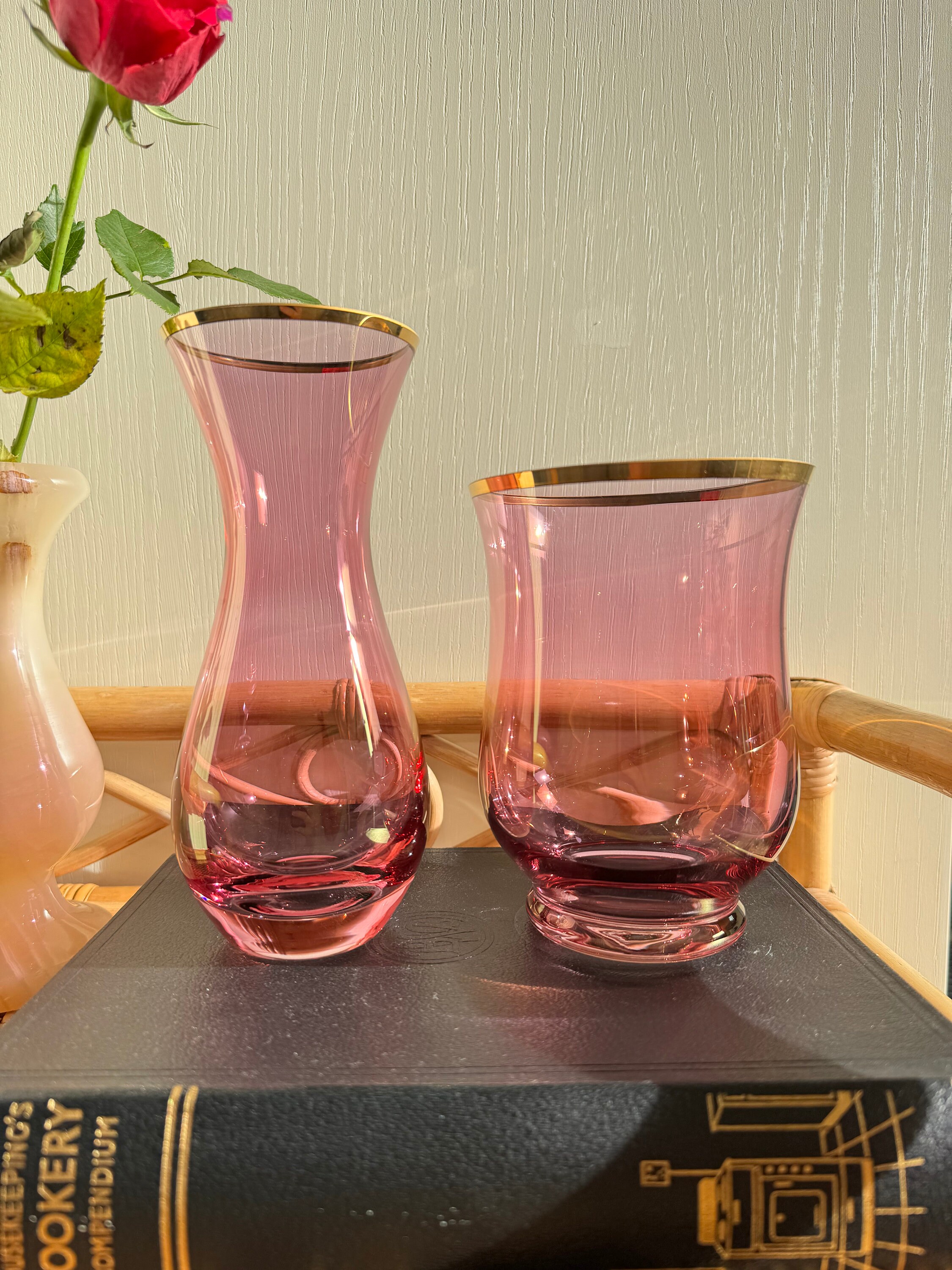 Set of Two Vintage Pink Cranberry Glass Vase With Gold Rim - Etsy