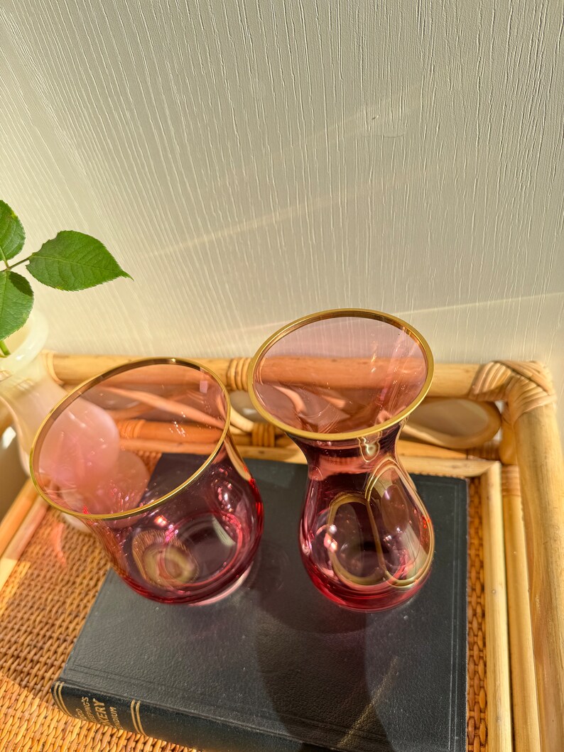 Set of Two Vintage Pink Cranberry Glass Vase With Gold Rim - Etsy