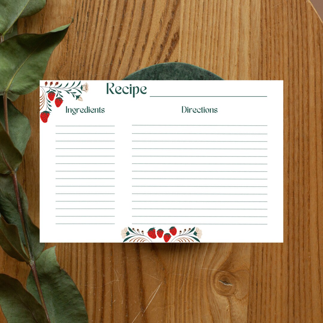 Printable Recipe Card- Strawberry Design - Etsy