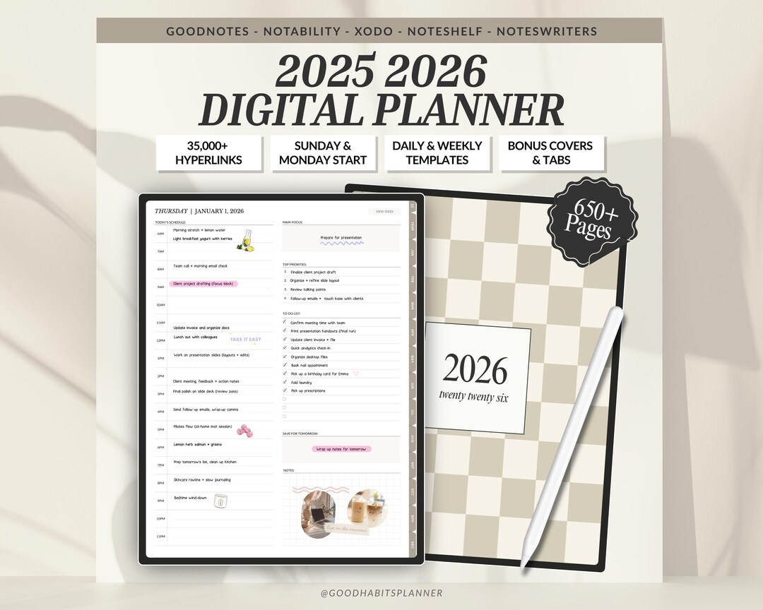 Digital Planner for iPad Goodnotes and Notability 2025 2026 Hyperlinked ...