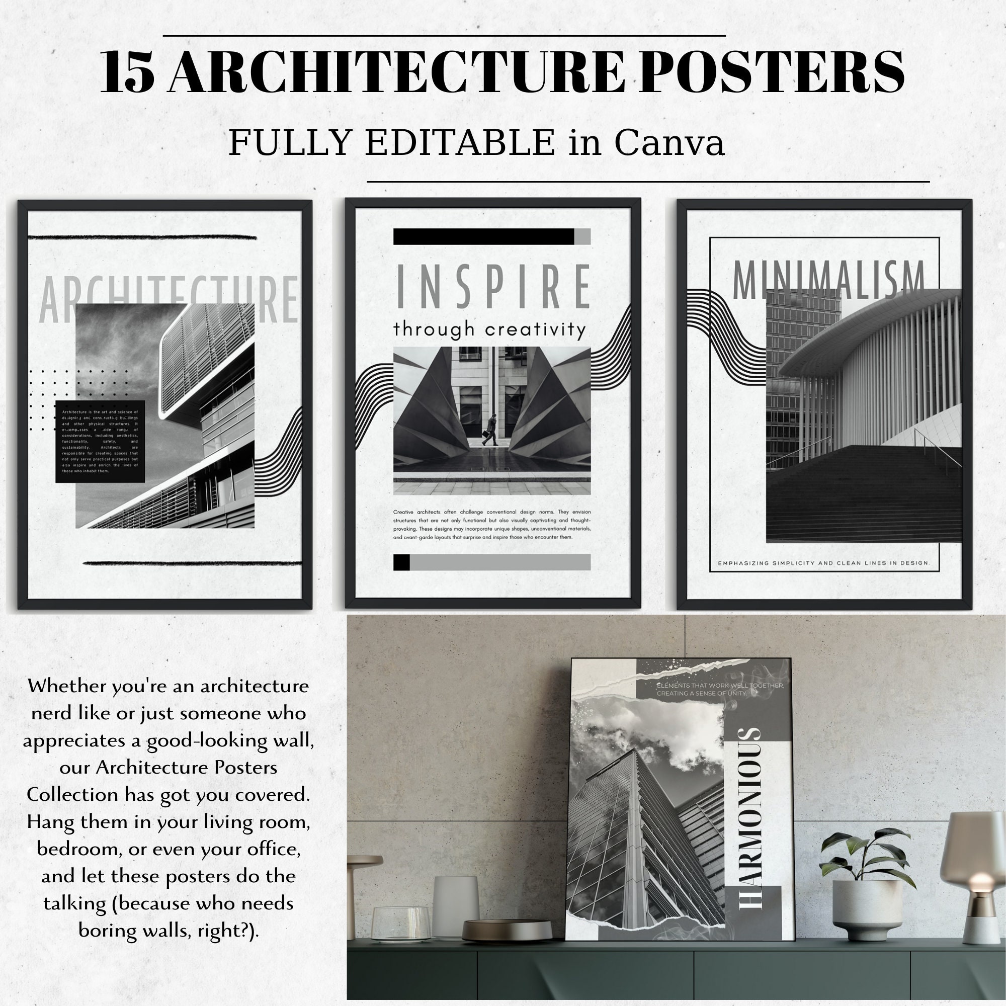 ARCHITECTURE Posters / Fully Editable in Canva/ Black and White Posters ...