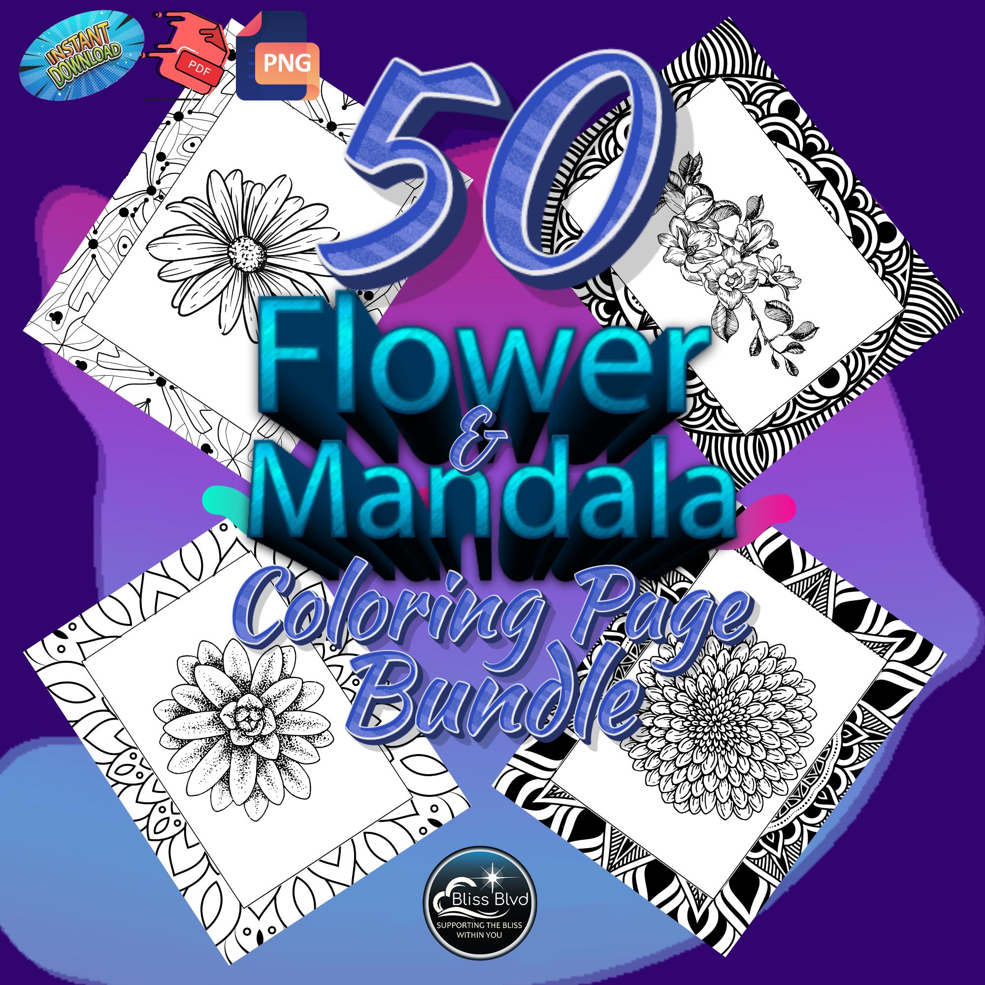 50 Flower & Mandala Coloring Page Bundle, Digital Download, High ...