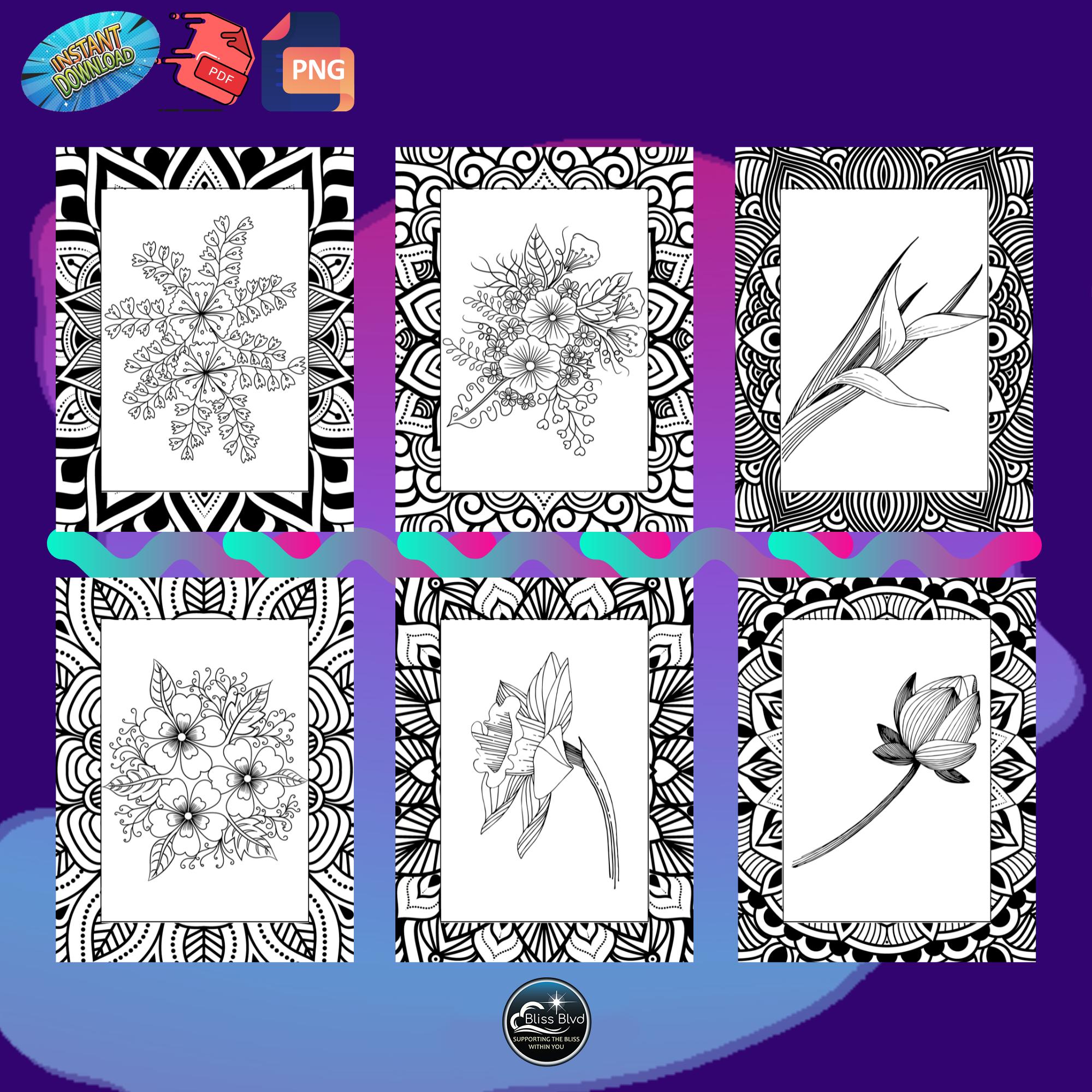 50 Flower & Mandala Coloring Page Bundle, Digital Download, High ...