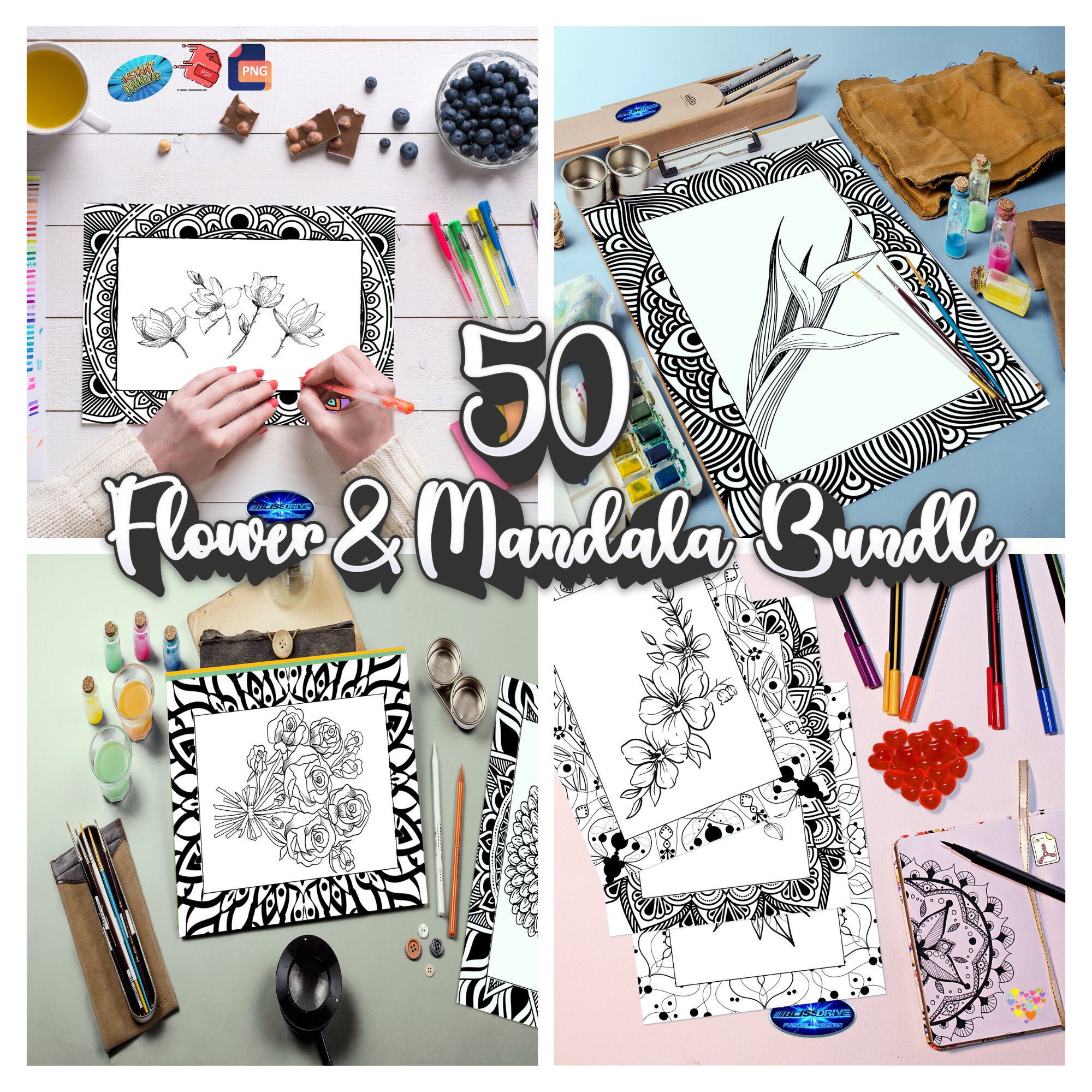 50 Flower & Mandala Coloring Page Bundle - Etsy