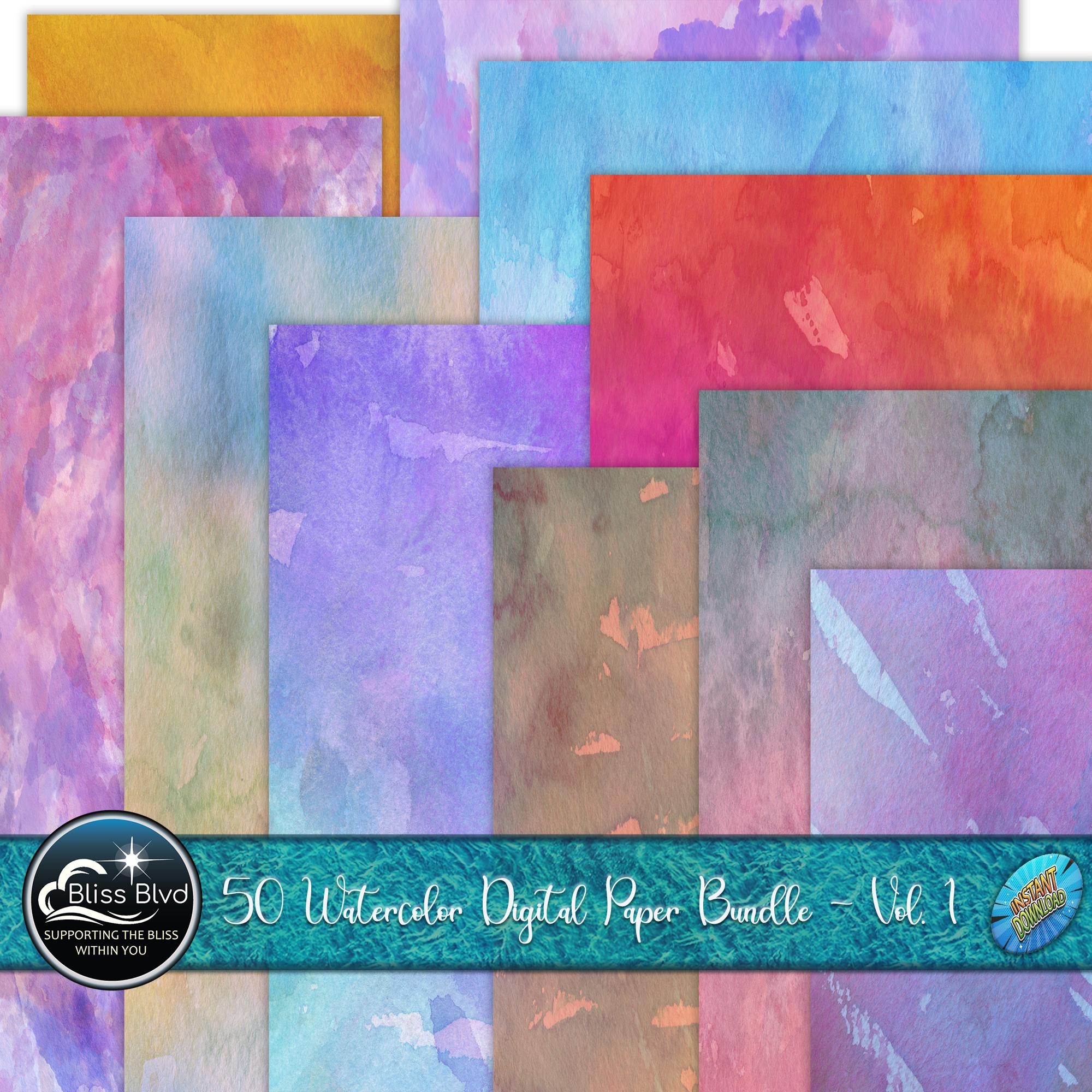 50 Watercolor Digital Paper Bundle -volume 1, Commercial Use - High ...