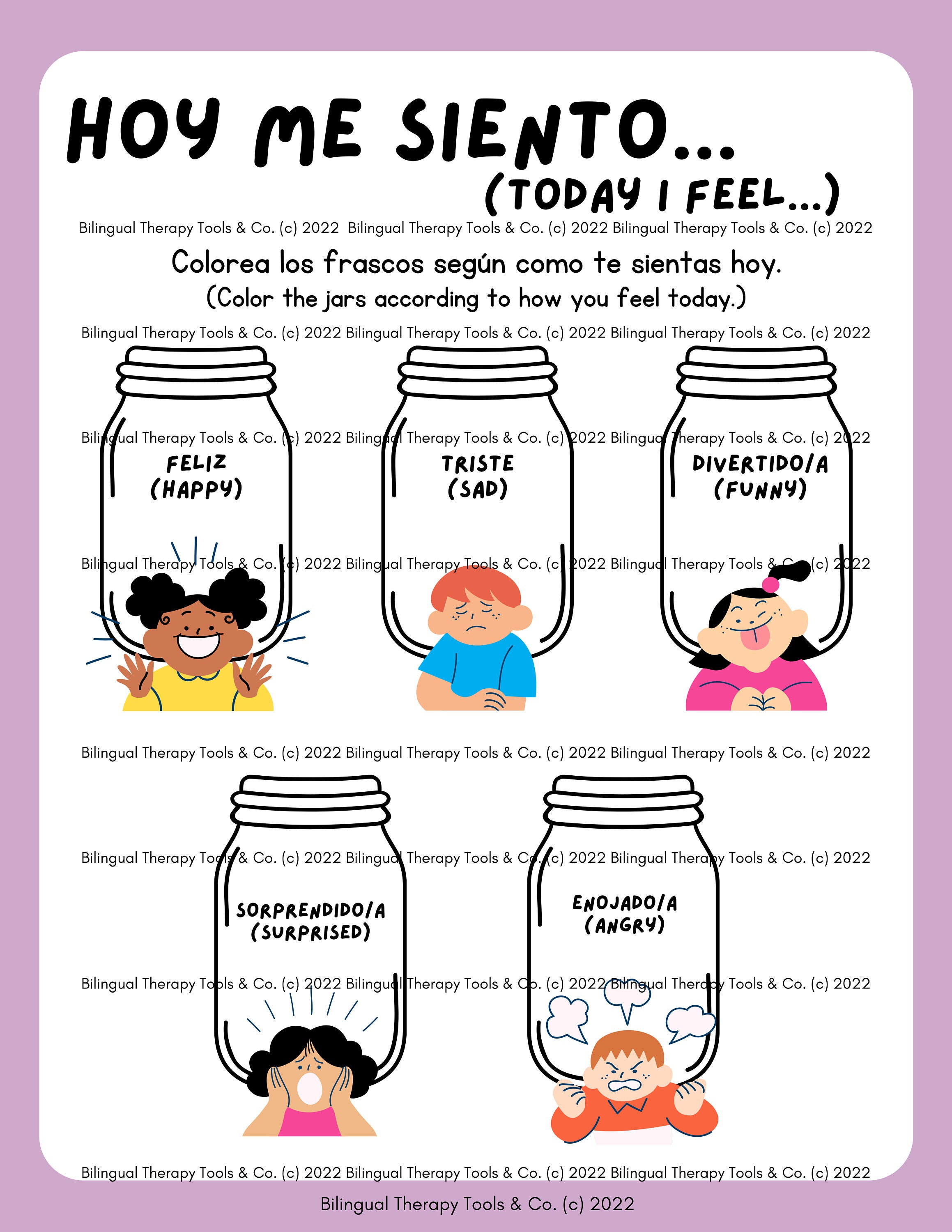 Bilingual Today I Feel...(hoy Me Siento...) Worksheet for Kids | English and Spanish | Therapy ...