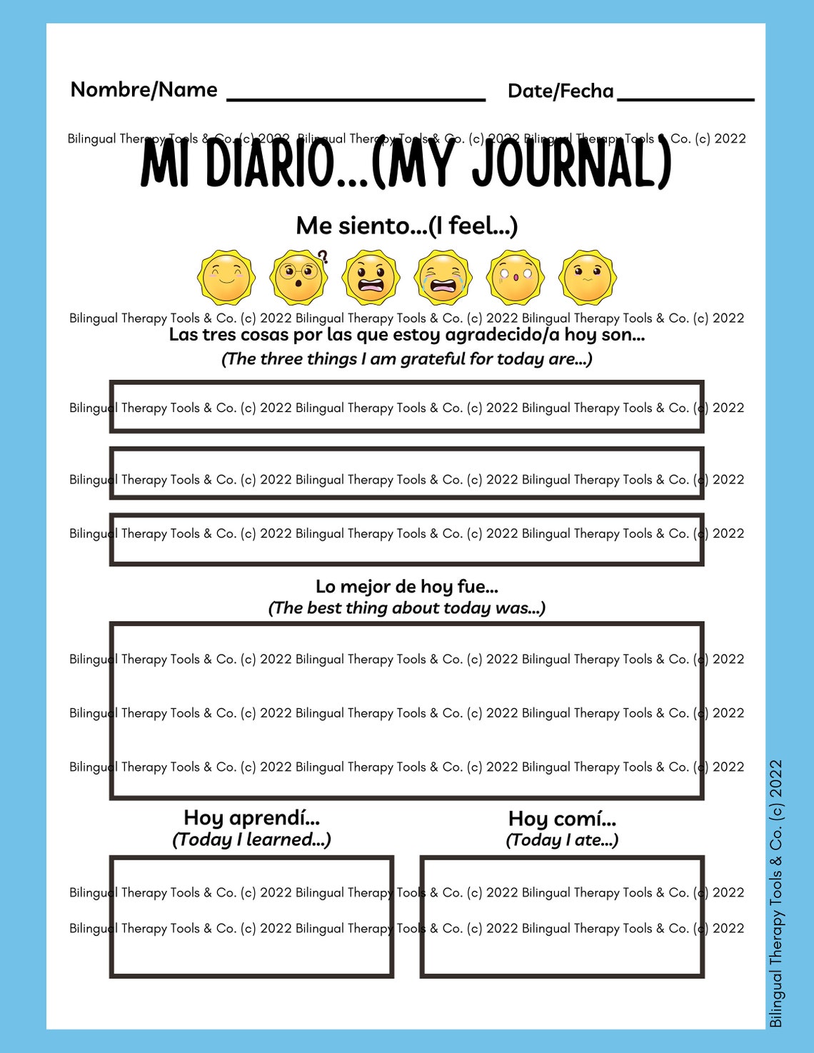 Bilingual My Journal...(mi Diario...) Worksheet for Kids | English and ...