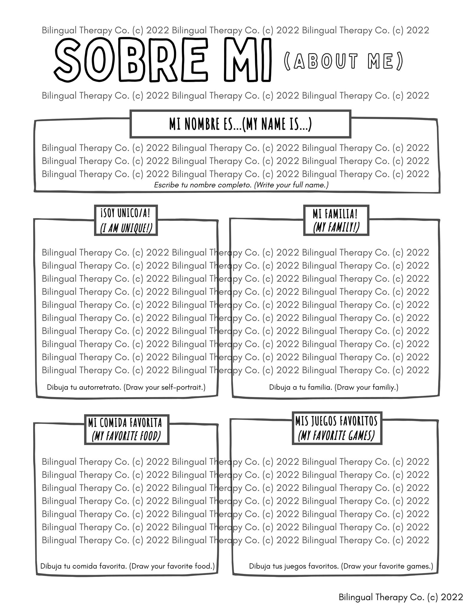 Bilingual About Me Worksheet for Kids | English and Spanish | Therapy ...