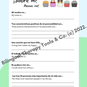 Bilingual "about Me..." Worksheet for Teens | English and Spanish ...
