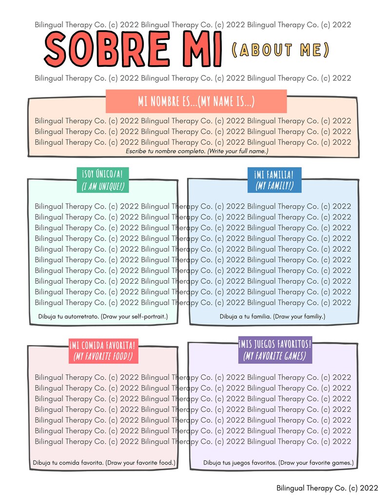 Bilingual About Me Worksheet for Kids | English and Spanish | Therapy ...